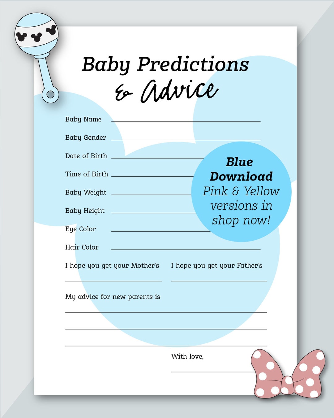 Blue Baby Predictions & Advice | Mickey Themed | Baby Shower Game ...