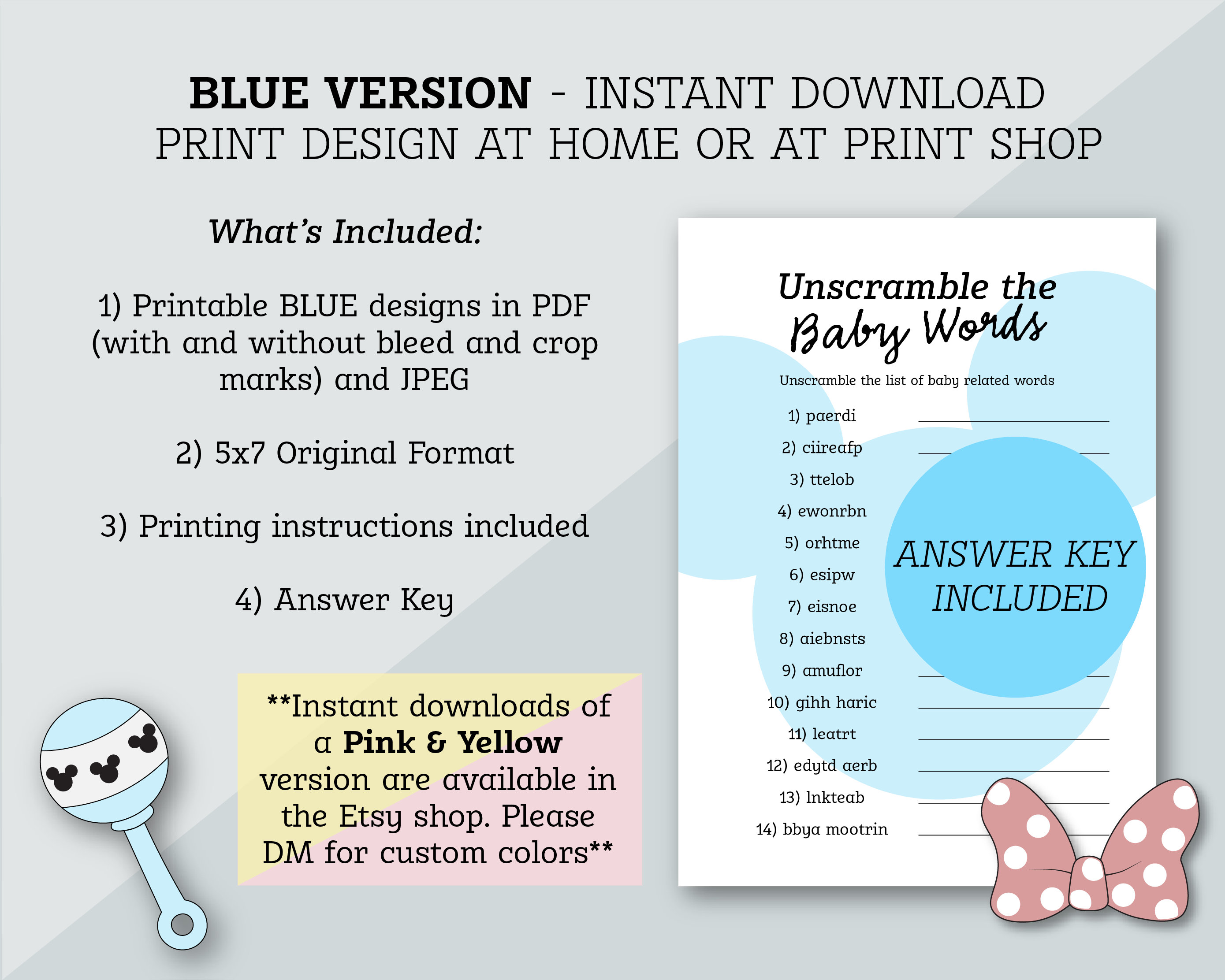 Blue Unscramble the Baby Words Baby Shower Game | Mickey Themed | Baby ...