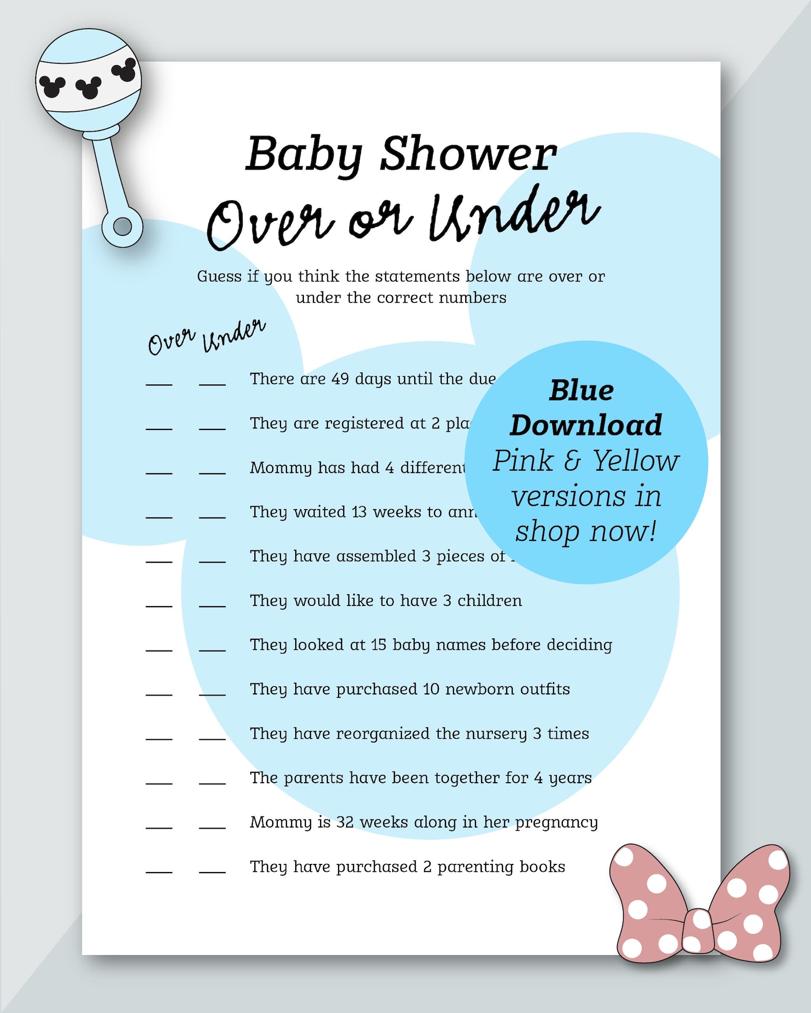 Blue Over or Under Baby Shower Game | Mickey Themed | Baby Shower Game ...