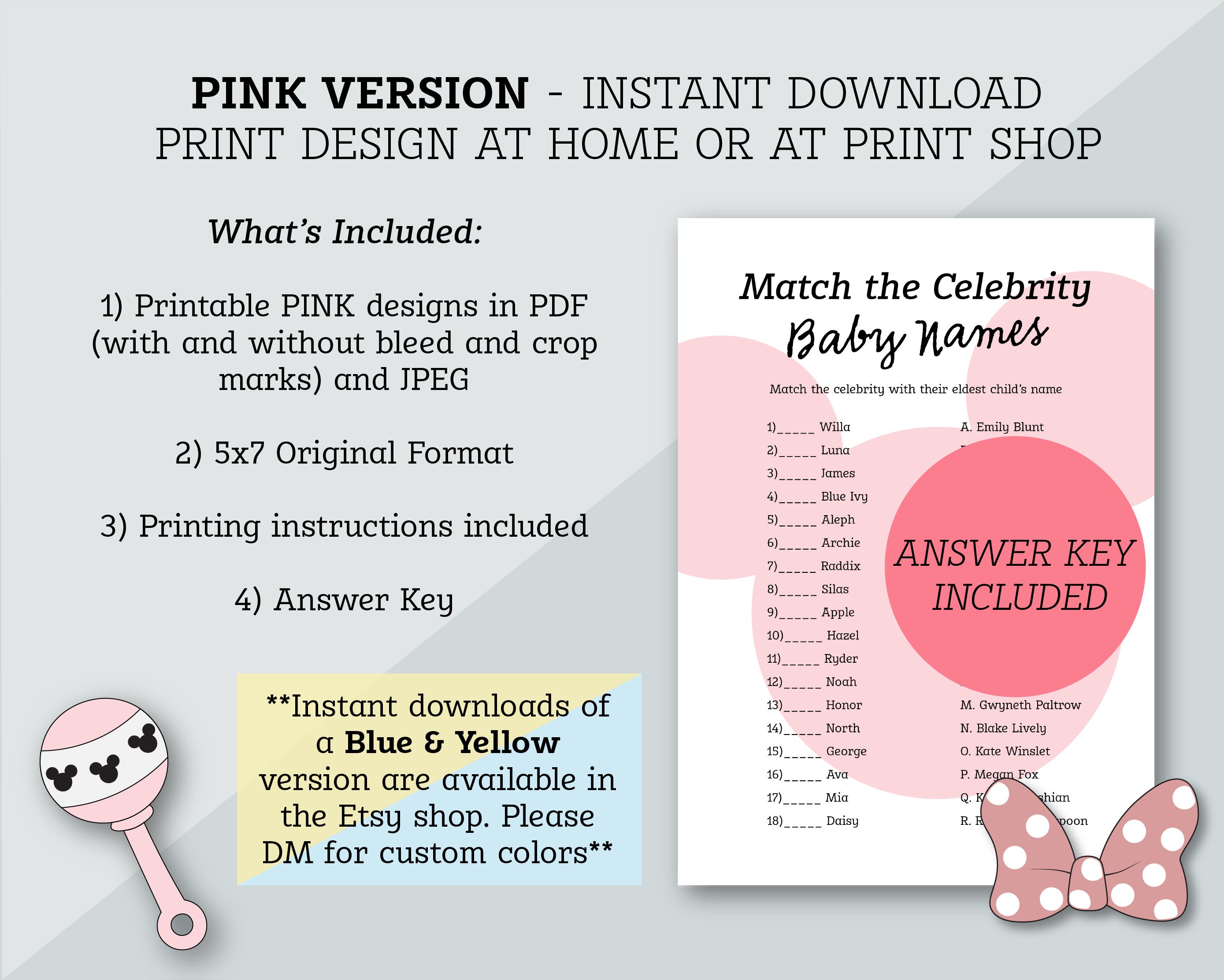 Pink Match the Celebrity Baby Names Baby Shower Game | Mickey Themed ...
