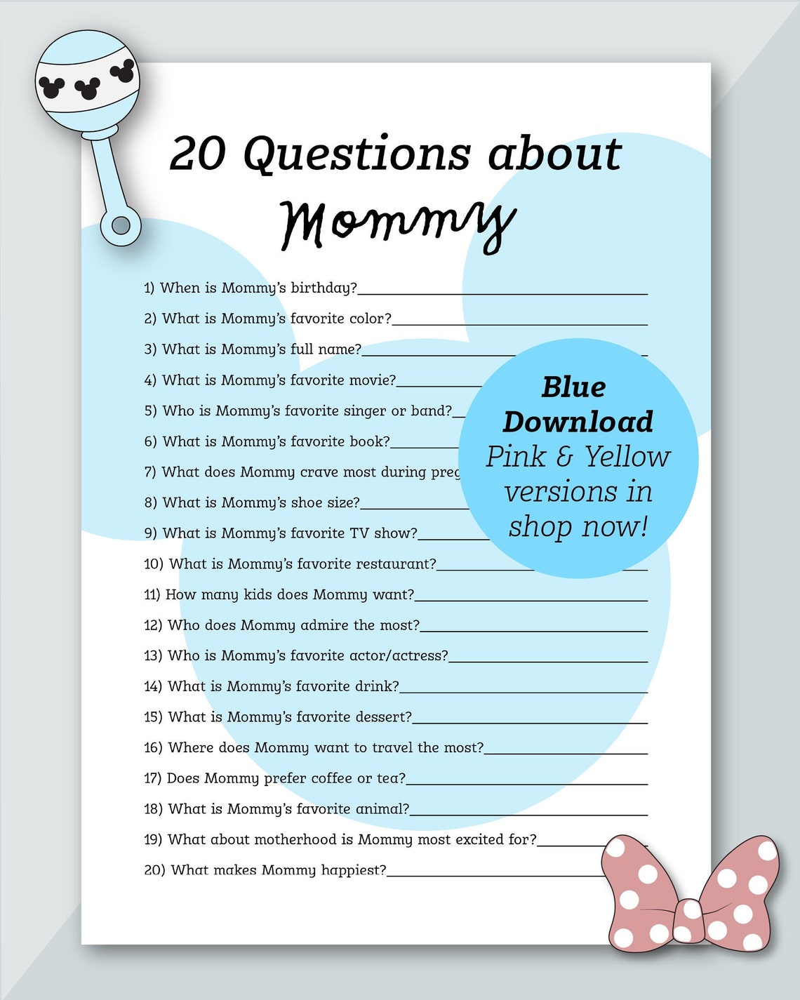 Blue 20 Questions About Mommy Baby Shower Game Mickey Themed Baby ...