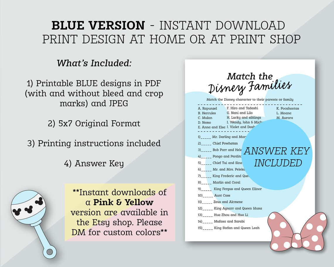 Blue Match the Families Baby Shower Game Mickey Themed - Etsy