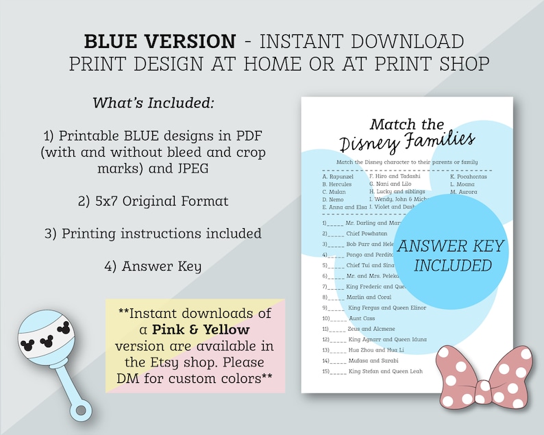 Blue Match the Families Baby Shower Game | Mickey Themed | Baby Shower ...