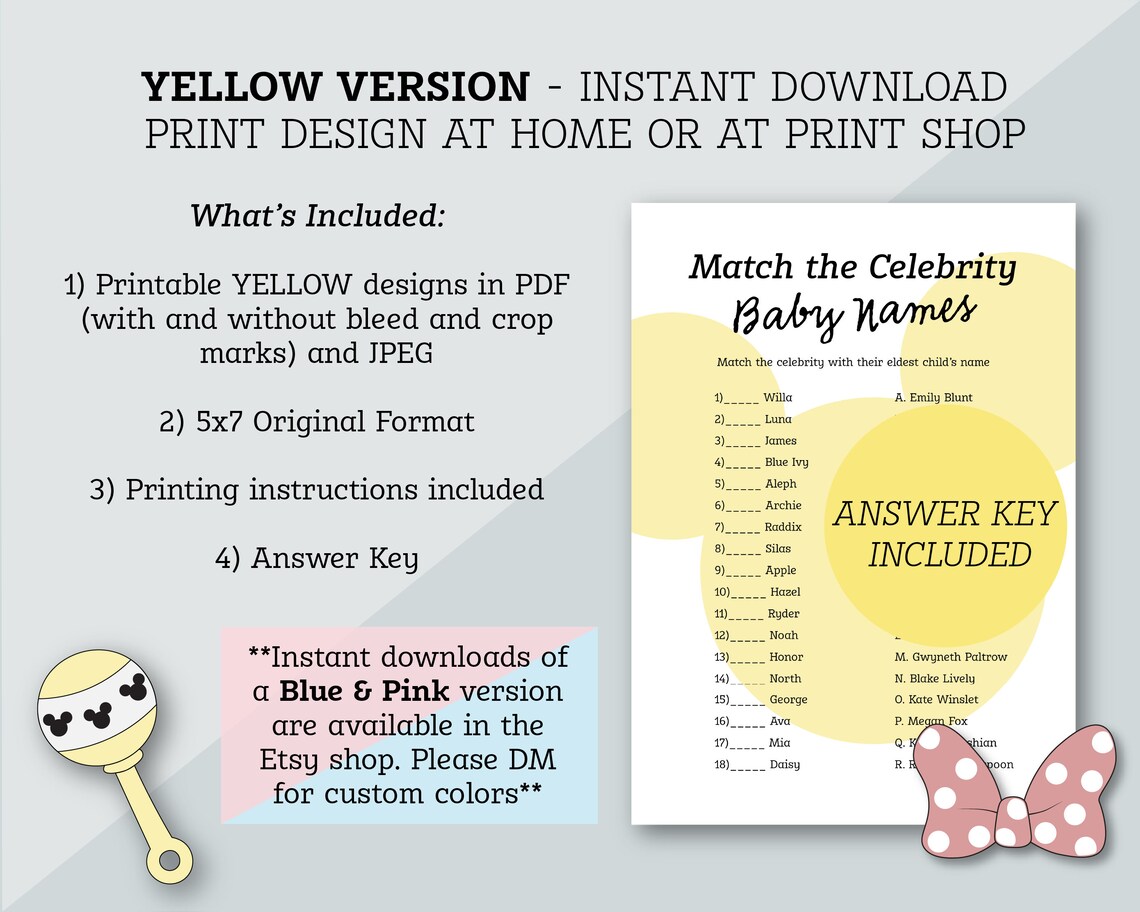 Yellow Match the Celebrity Baby Names Baby Shower Game | Mickey Themed ...