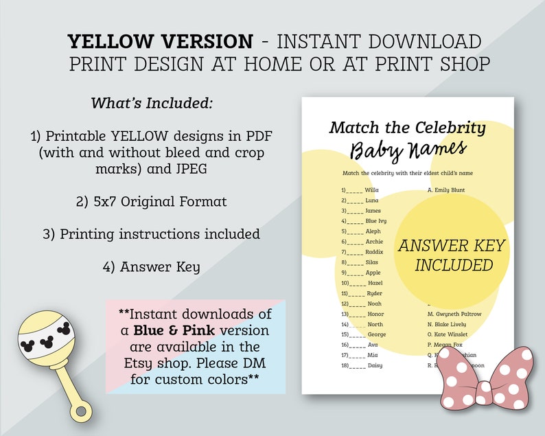 Yellow Match the Celebrity Baby Names Baby Shower Game | Mickey Themed ...