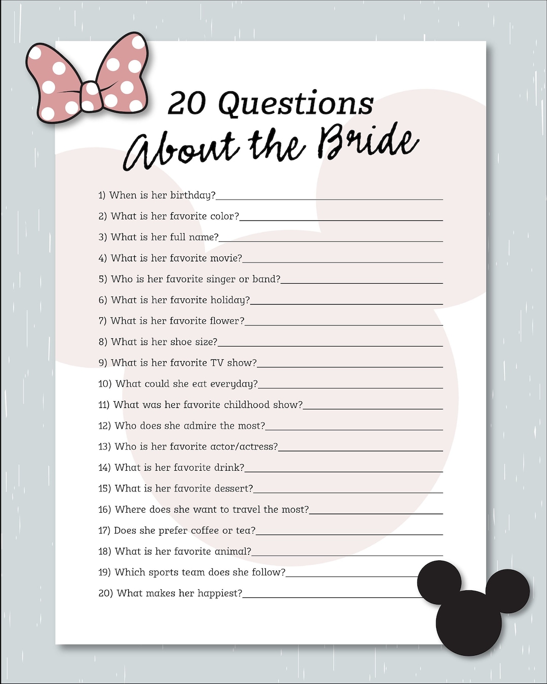 20 Questions About the Bride | Bridal Shower Game | Mickey Themed - Etsy