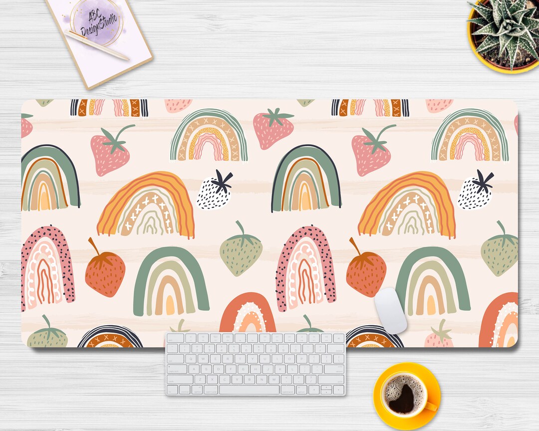 Boho Rainbow & Strawberry Pattern Cute Desk Mat Kawaii Desk - Etsy