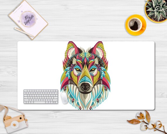 Colorful Boho Wolf Portrait Desk Mat Extra Large Desk Mat | Etsy