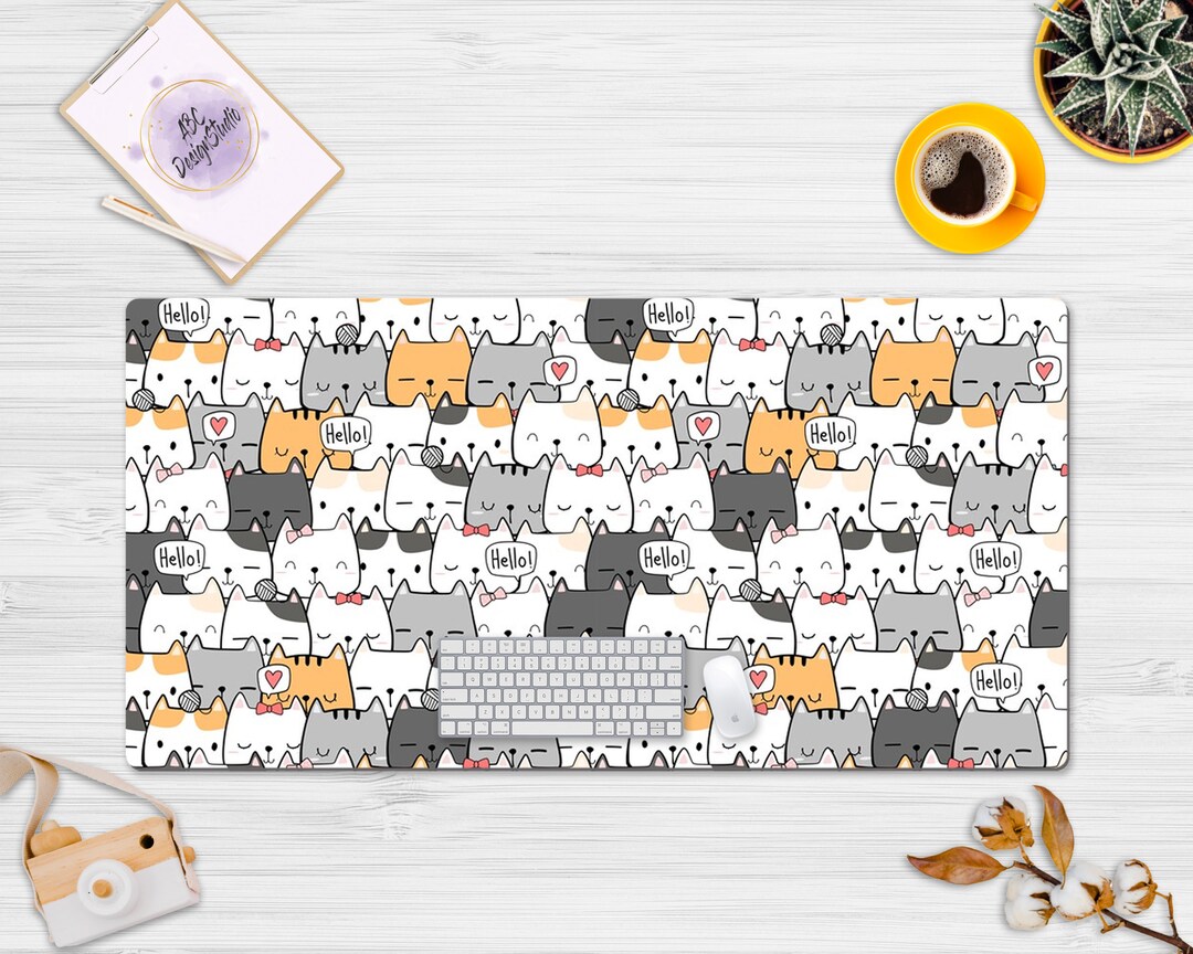 Cute Hand Drawing Cat Kitten Cartoon Doodle Desk Mat, Extra Large Desk ...