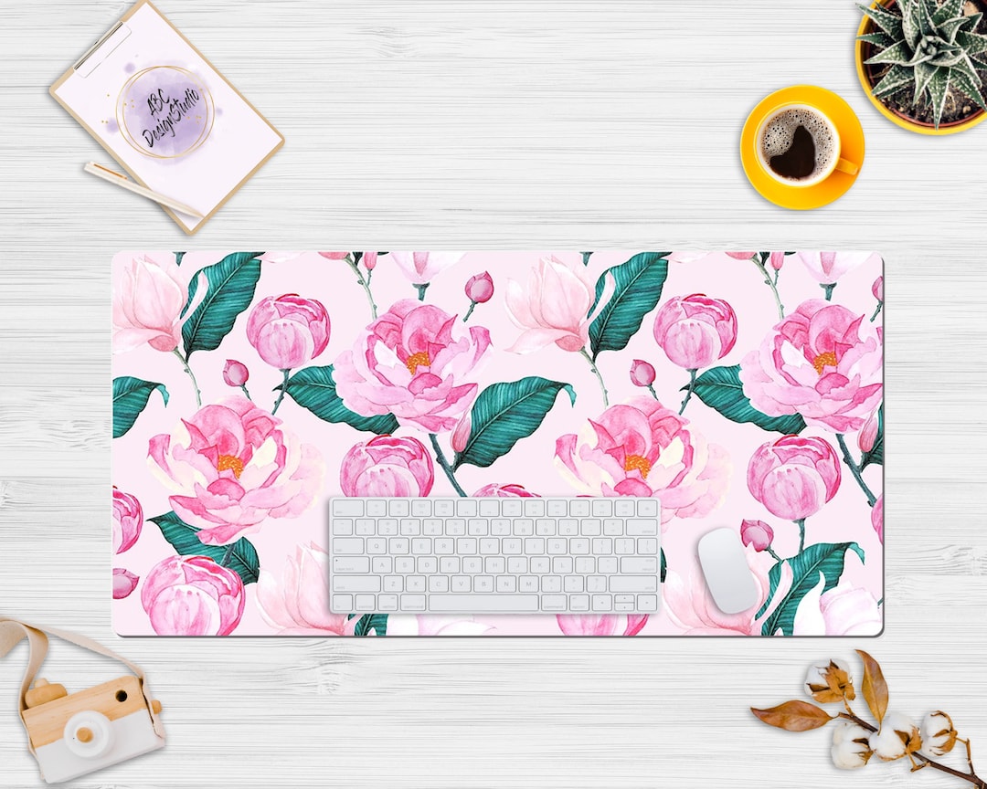 Green Leaves and Flowers Pink Desk Pad, Mousepad Cute, Cute Mousepad ...