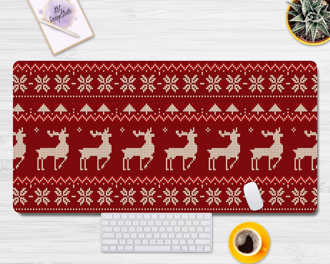 Red Christmas Deer Pattern Desk Mat, Cute Deer Desk Mat, Red Desk Mat ...
