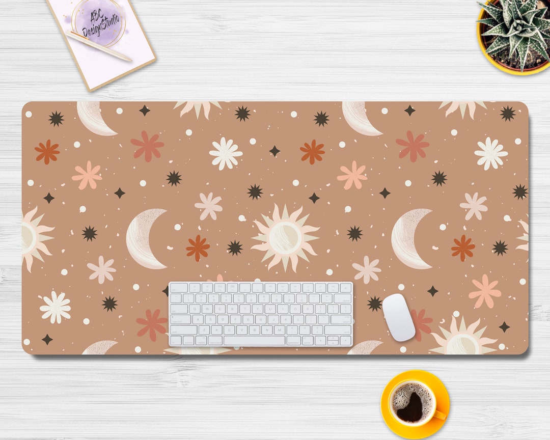 Boho Sun & Moon Pattern Desk Mat, Aesthetic Desk Decor, Pastel Desk ...