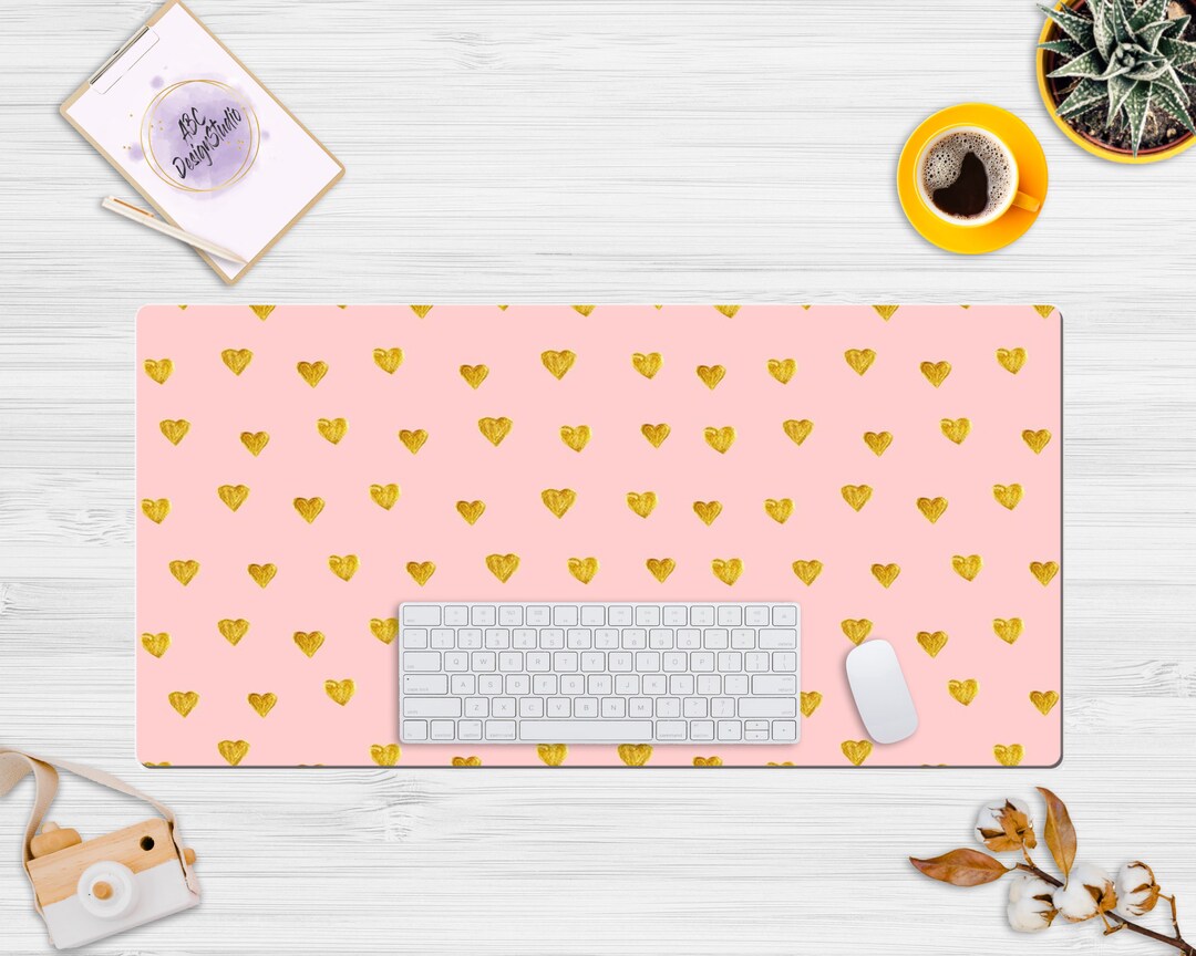 Golden Hearts Glitter Pink Desk Mat Cute Large, Cute Desk Pad, Extra ...