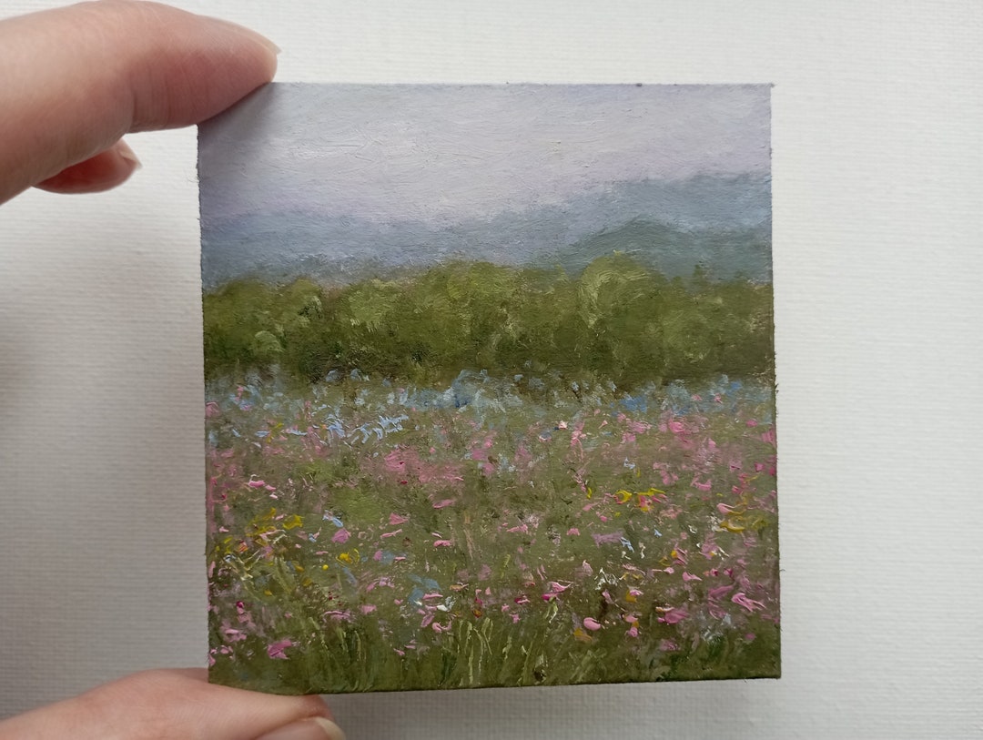 Meadow Painting Original Artwork 3x3 Small Landscape by - Etsy