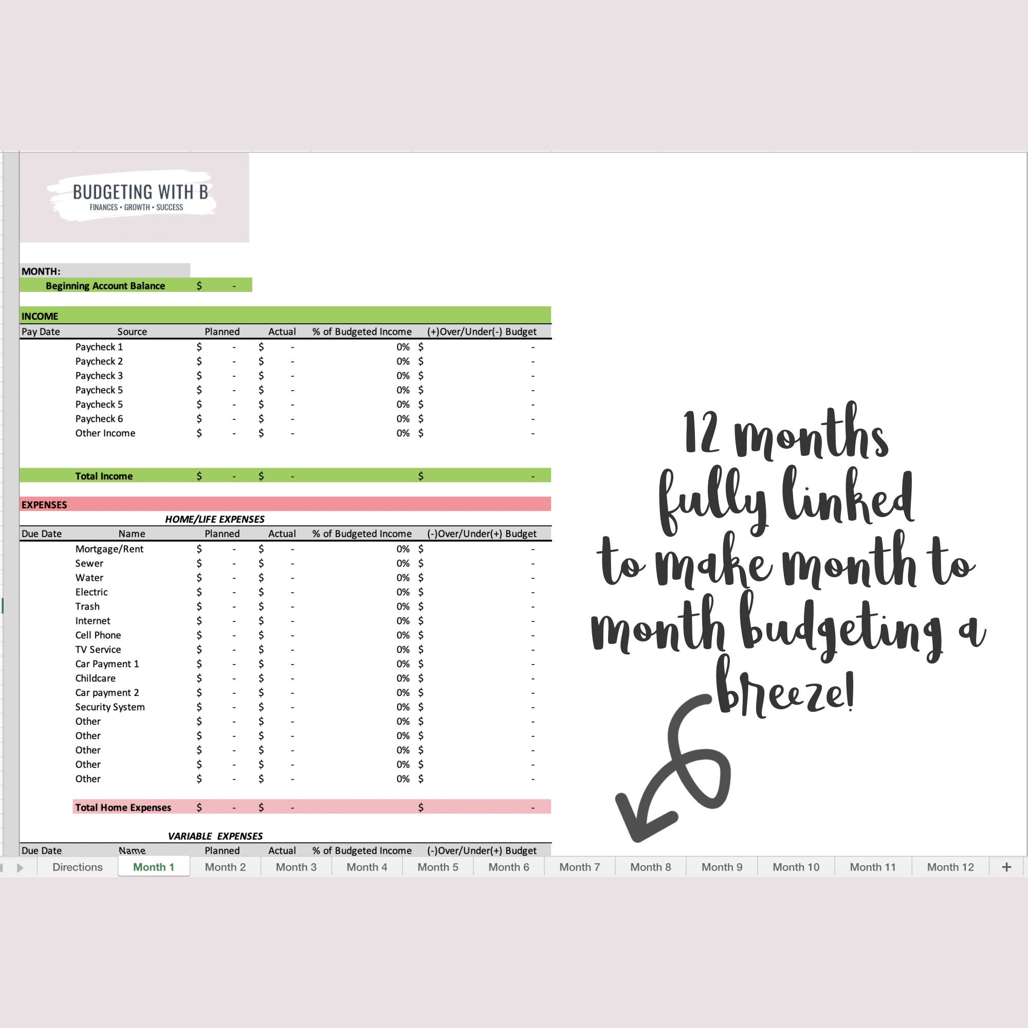Extended 12 Month Linked Budget Template | Zero-based Budget | Budget ...