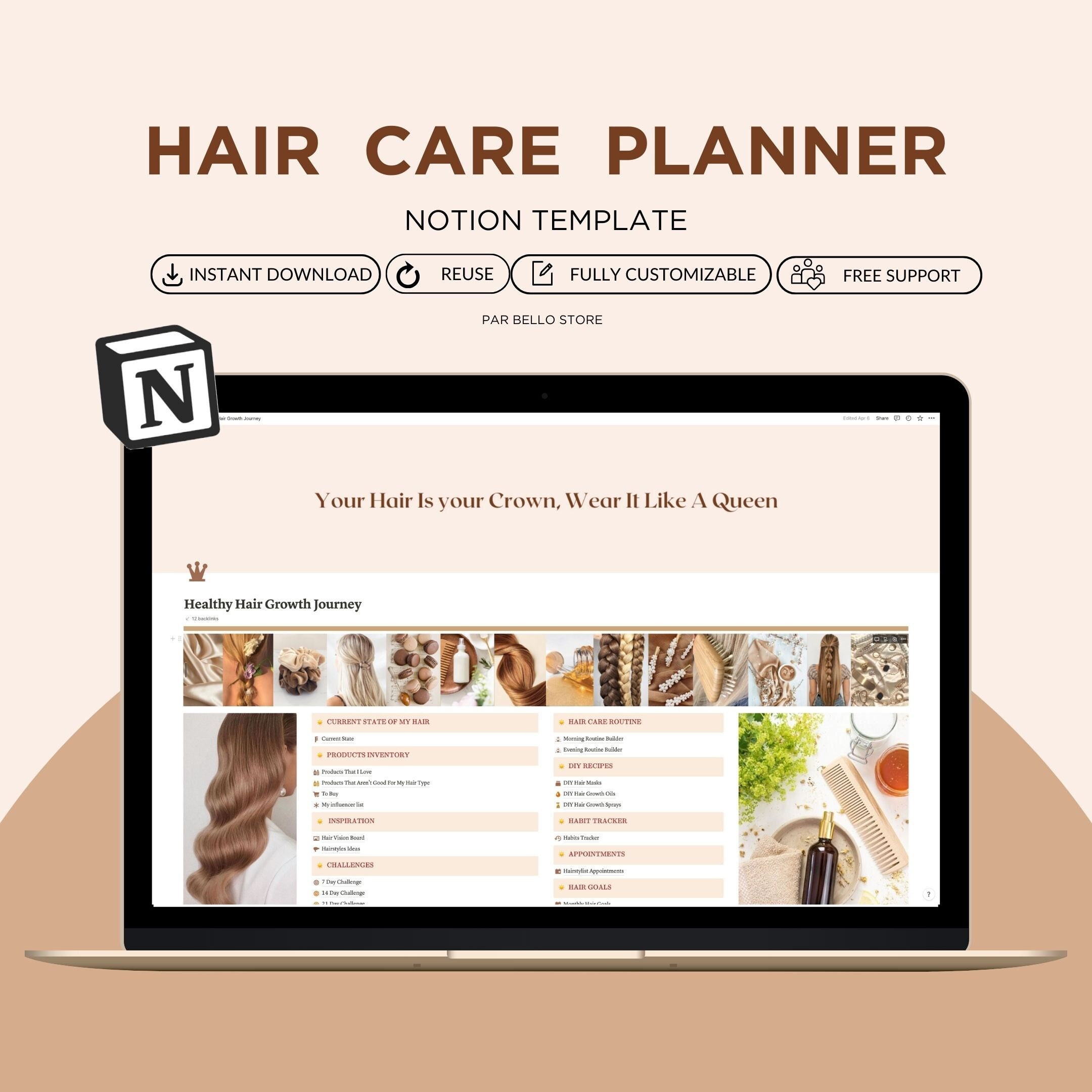 Hair Care Notion Planner, Beauty Hair Planner, Hair Tracker, Digital ...