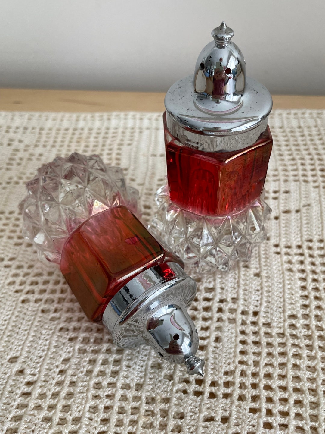 Ruby Band Indiana Glass Diamond Point Crystal Salt & Pepper Shakers - Etsy