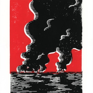 Smoke Plume Over Water - 8x10 Linocut Linoleum Block Print - Etsy
