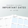 A4 Letter Inserts, Yearly Important Dates Printable, Birthday ...