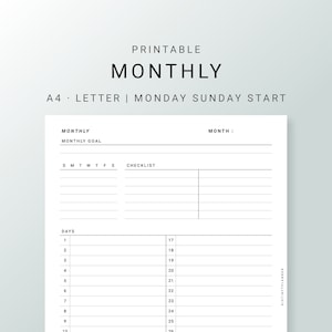 A4 Letter Size, Undated Monthly Overview Planner Inserts Printable ...