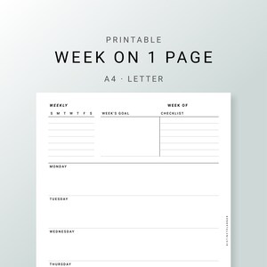 A4 Letter Inserts, Undated Weekly Planner Printable, Week on 1 Page ...