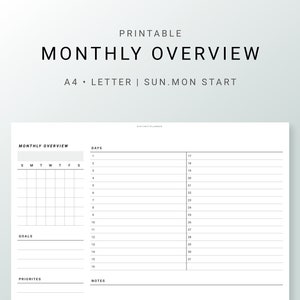 A4 Letter Monthly Overview Horizontal Inserts, Undated Printable ...