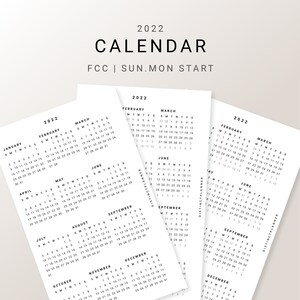2022 Calendar Printable FCC, Yearly Planner Calendar Inserts Monday ...