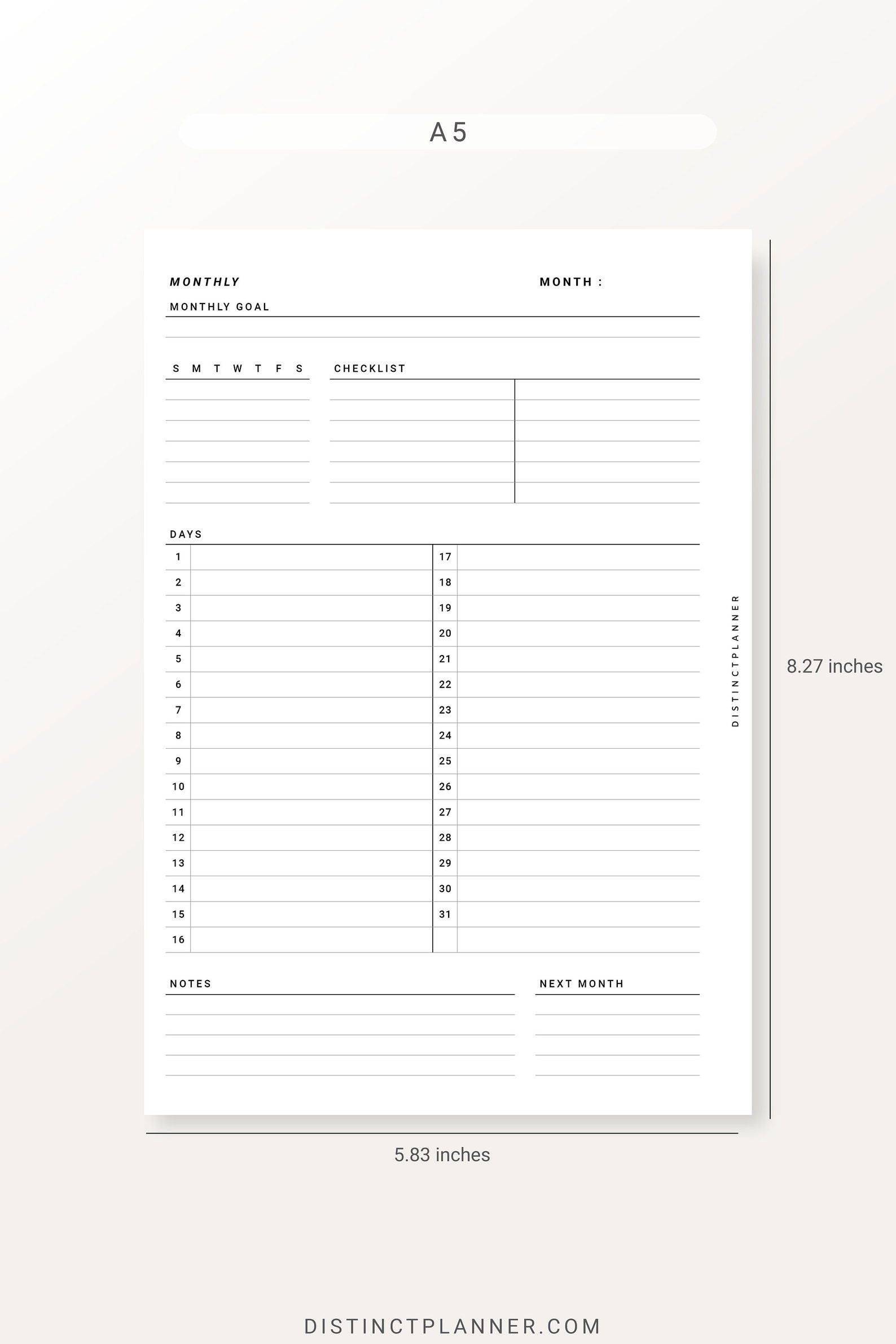 A5 Undated Monthly Overview Planner Inserts Printable, Month on One ...