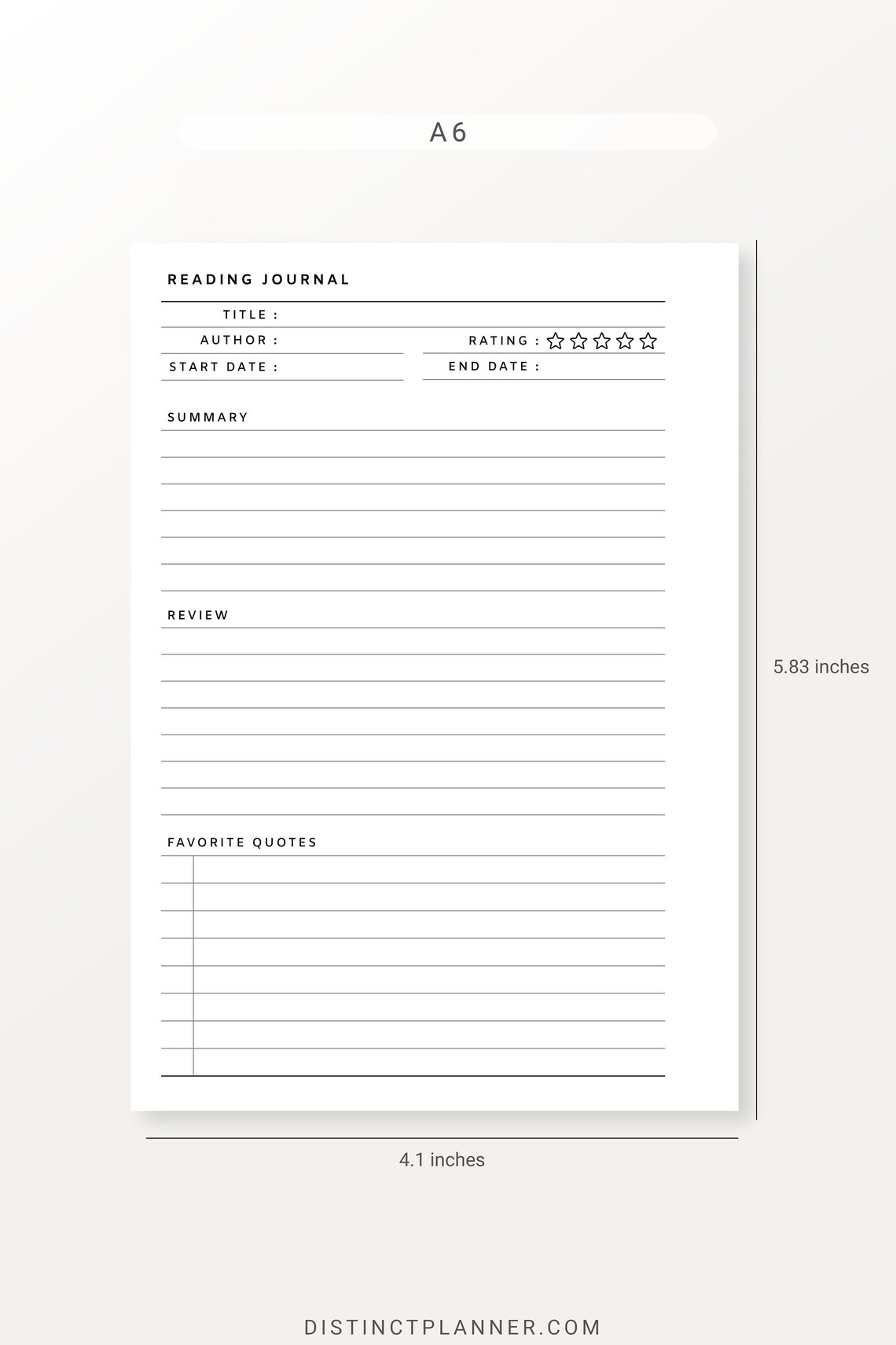 A6 Reading Journal Printable Editable Book Review Template PDF Book ...