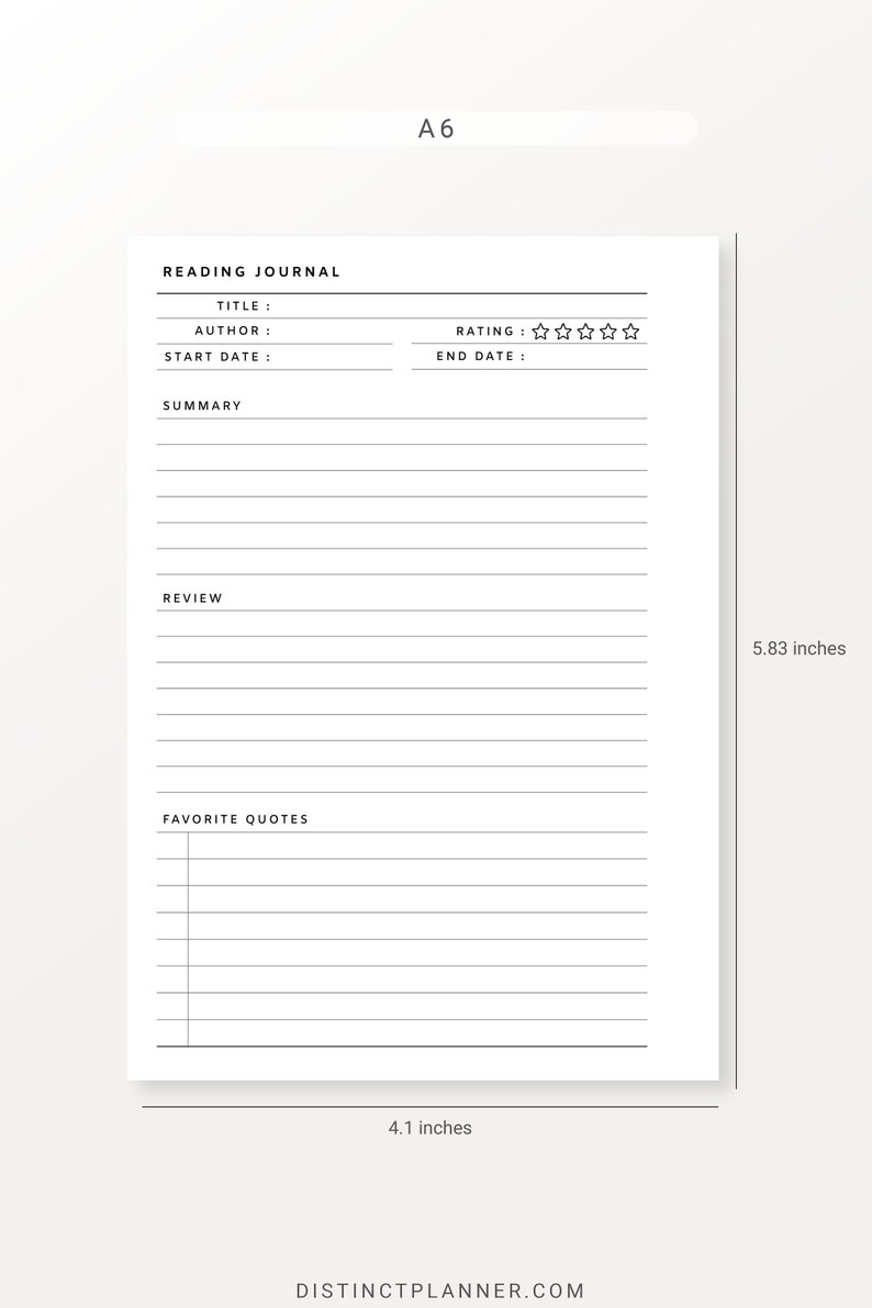 A6 Reading Journal Printable Editable | Book Review Template PDF | Book ...