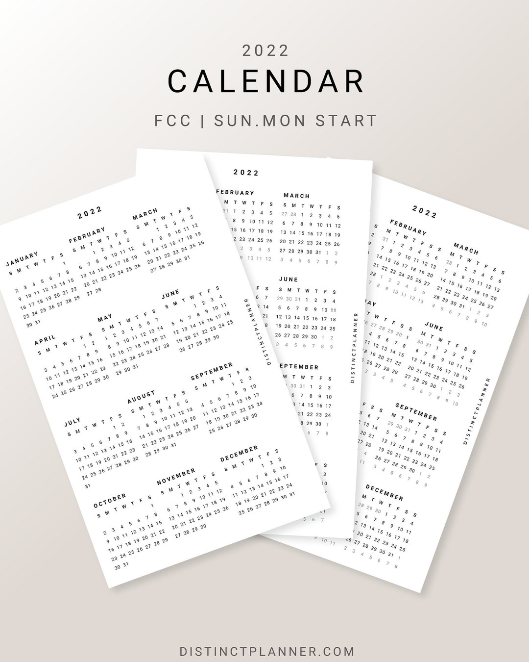 2022 Calendar Printable FCC, Yearly Planner Calendar Inserts Monday ...