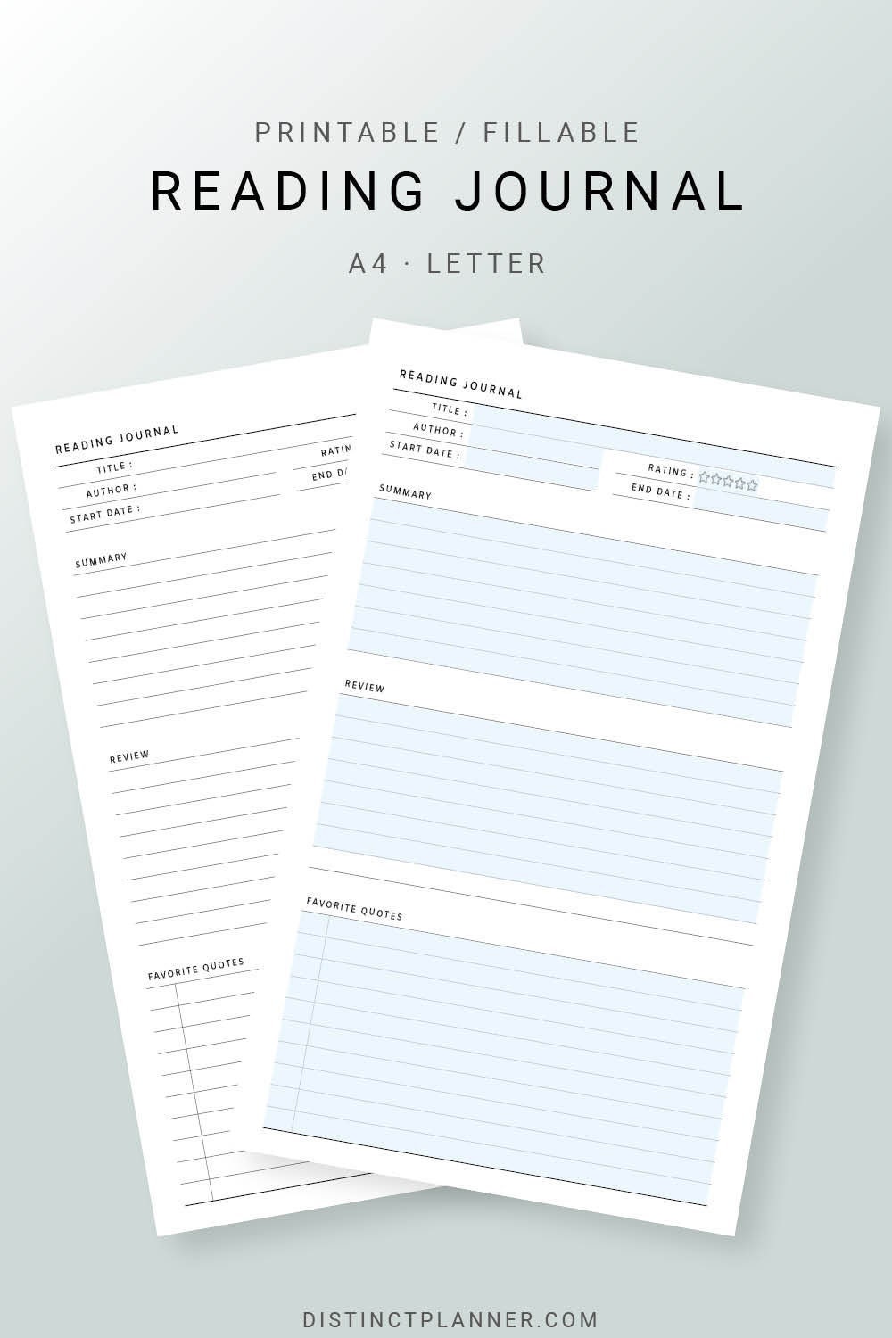 A4letter Reading Journal Printable Editable Book Review Template PDF ...