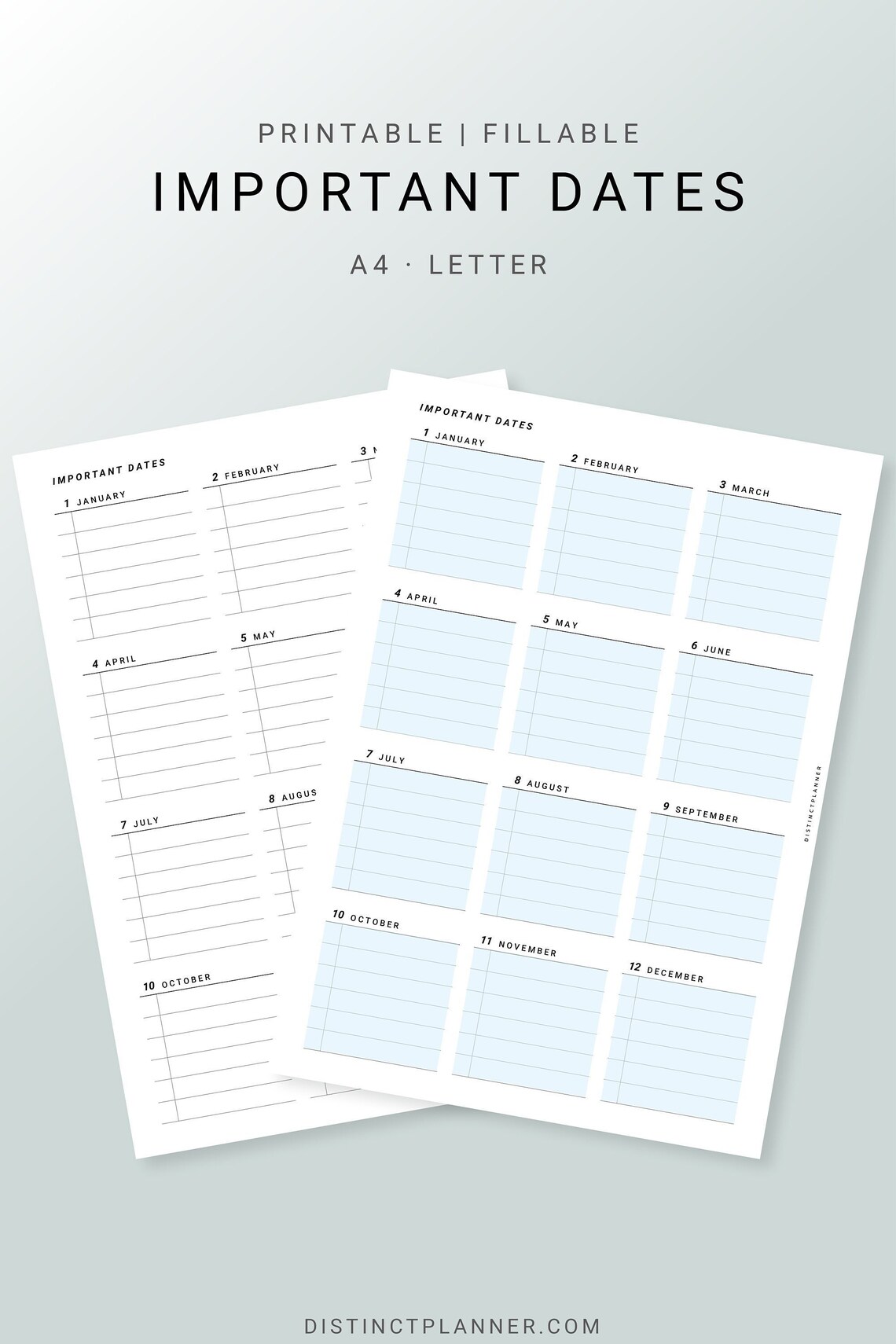 A4 Letter Inserts, Yearly Important Dates Printable, Birthday ...