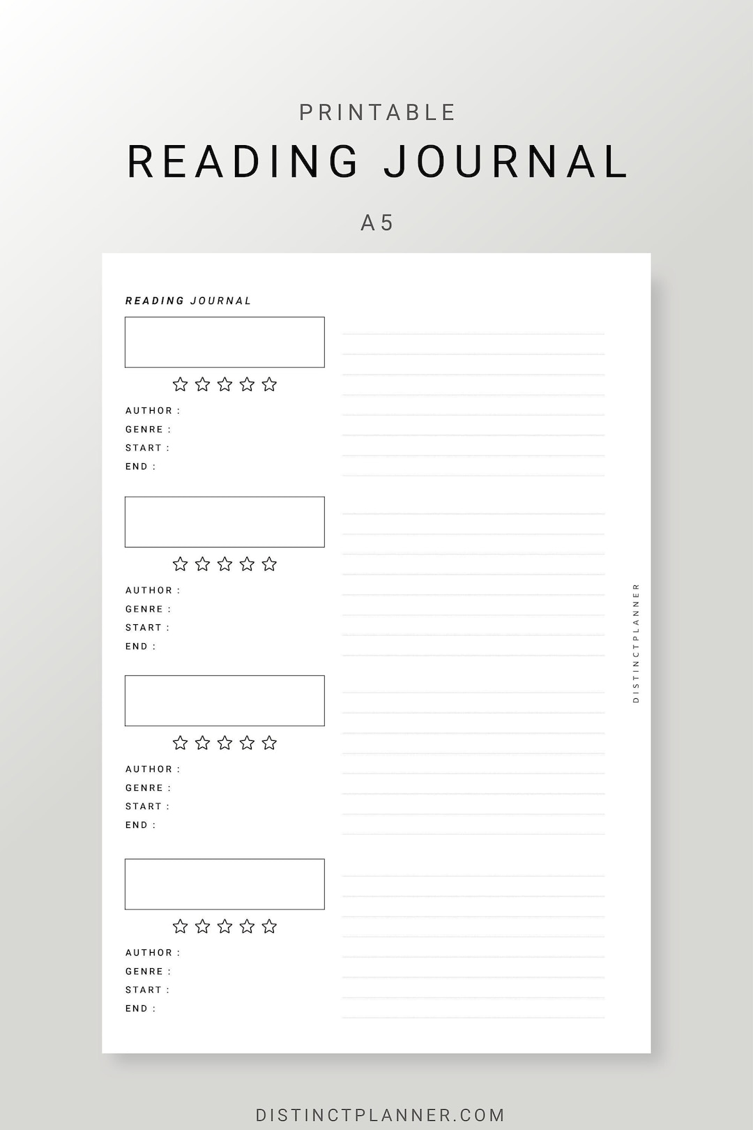 A5 Reading Journal Printable Inserts, Book Review Log Minimal Template ...