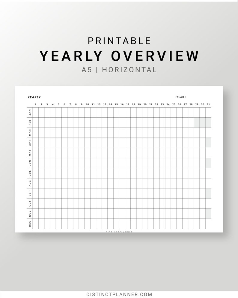 Yearly Overview Printable, Year at a Glance, Undated Yearly Planner A5 ...