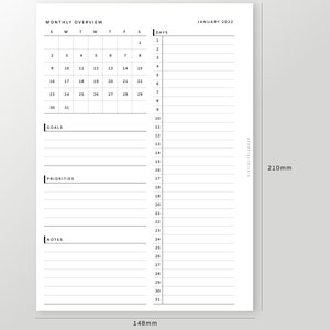 2021-2022 Monthly Overview Printable A5 Minimalist Dated Month at a ...