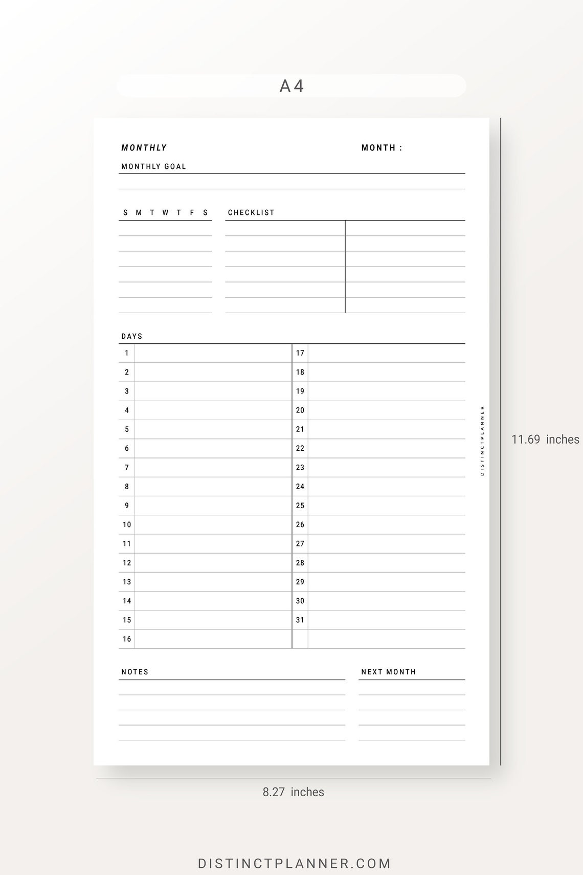 A4 Letter Size, Undated Monthly Overview Planner Inserts Printable ...