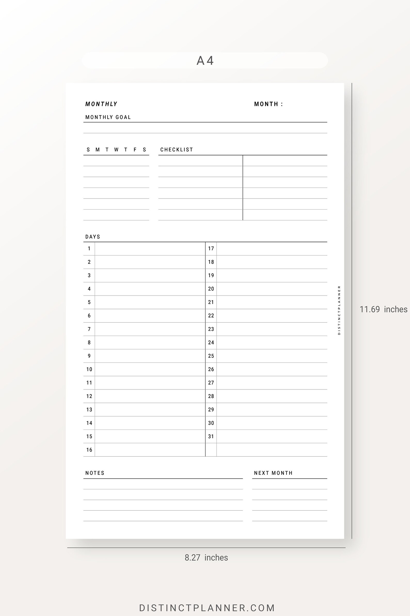 A4 Letter Size, Undated Monthly Overview Planner Inserts Printable ...