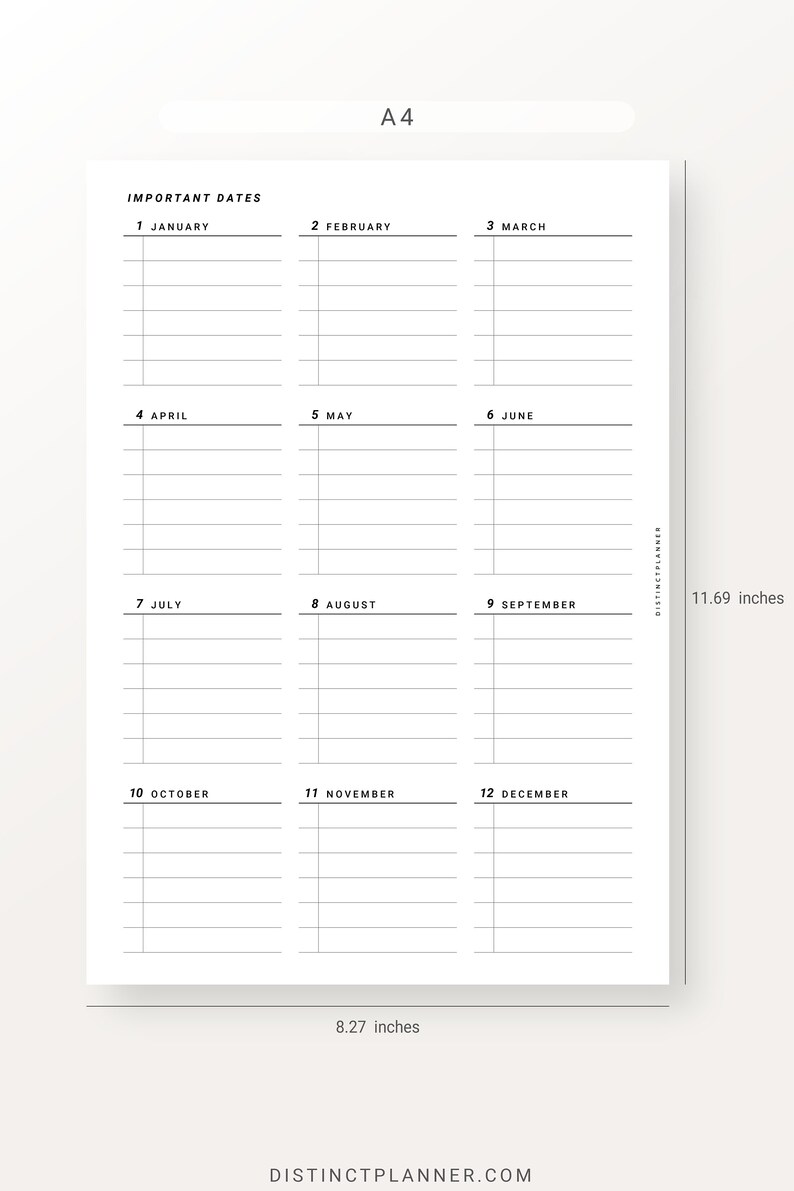 A4 Letter Inserts, Yearly Important Dates Printable, Birthday ...