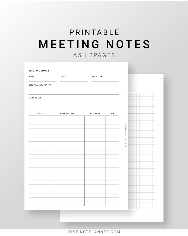 Meeting Notes Printable A5, Meeting Minutes Template, Work Planner ...