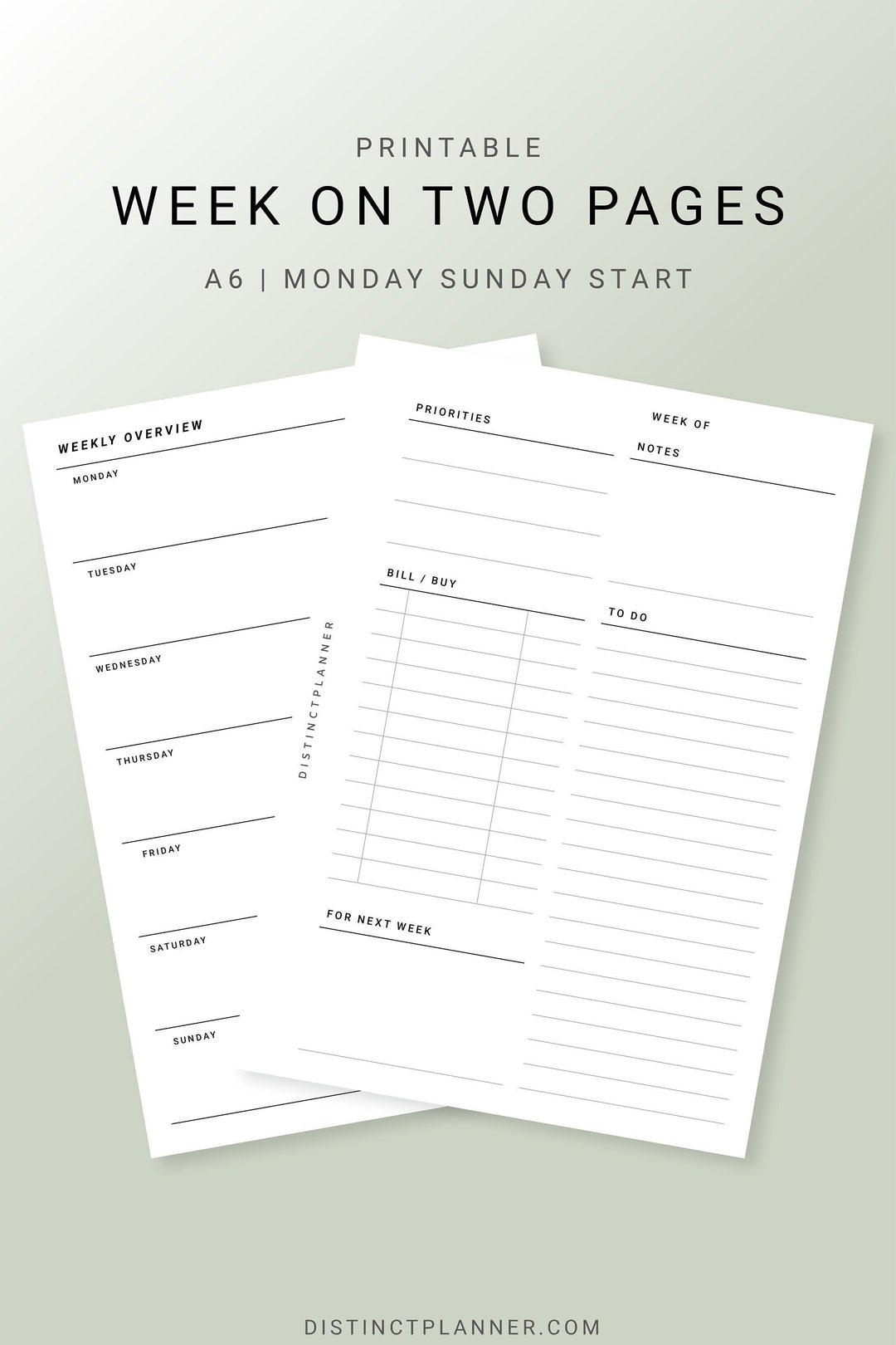 A6 Undated Weekly Planner Printable, Week on Two Pages, Weekly ...