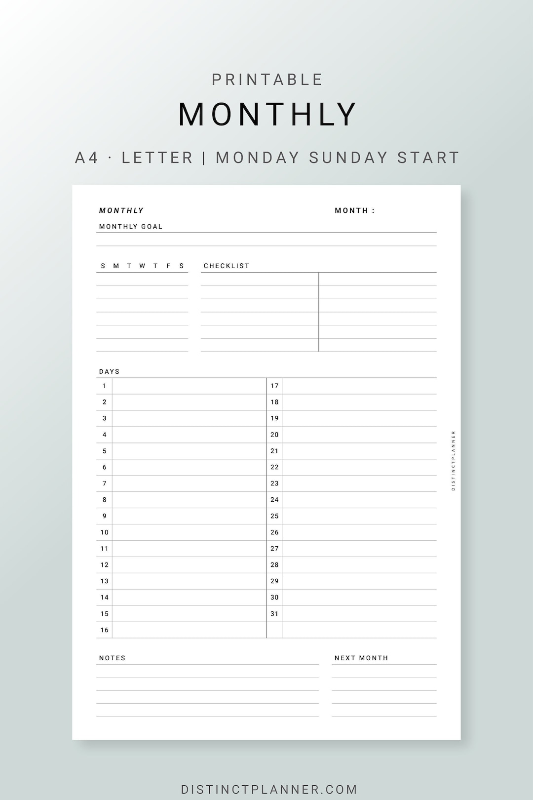 A4 Letter Size, Undated Monthly Overview Planner Inserts Printable ...
