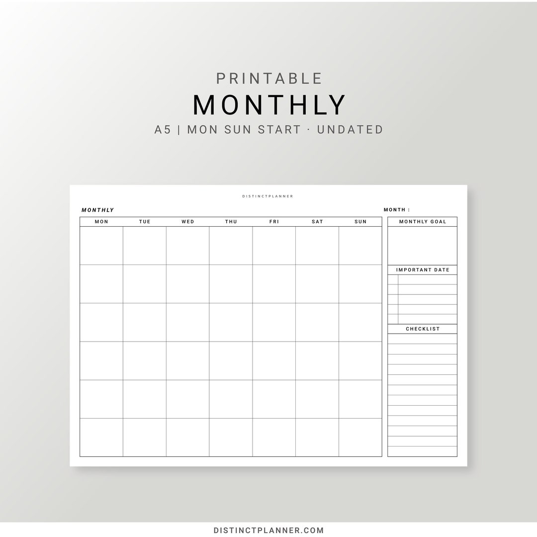 A5 Inserts, Monthly Planner Horizontal Layout, Minimalist Monthly ...