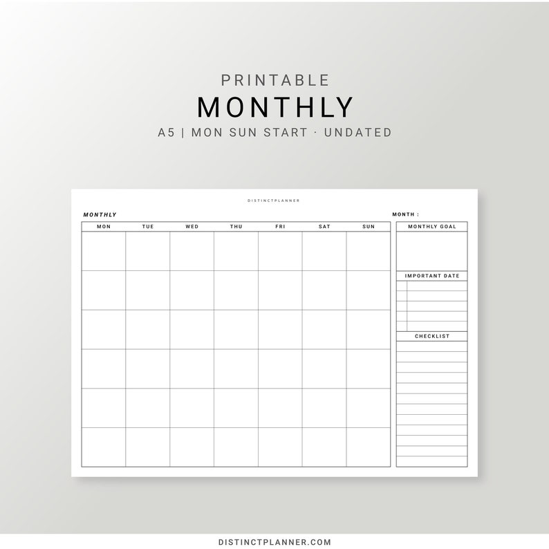 A5 Inserts, Monthly Planner Horizontal Layout, Minimalist Monthly ...