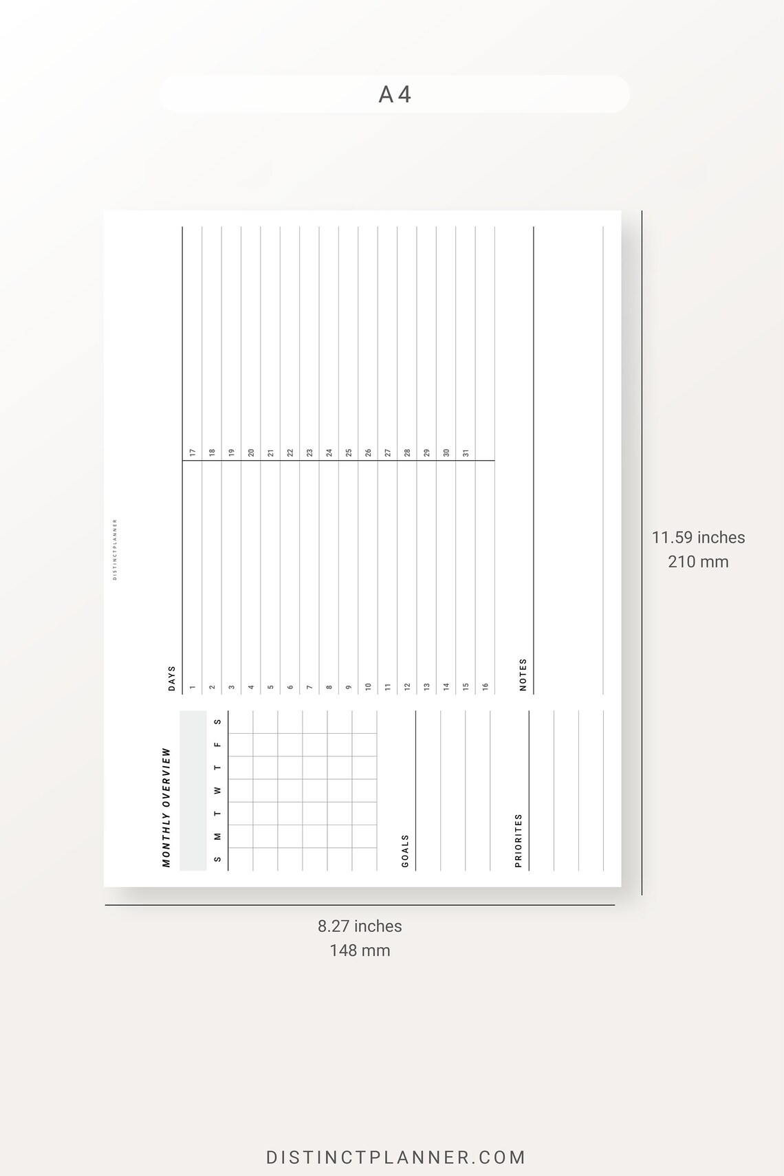 A4 Letter Monthly Overview Horizontal Inserts, Undated Printable ...