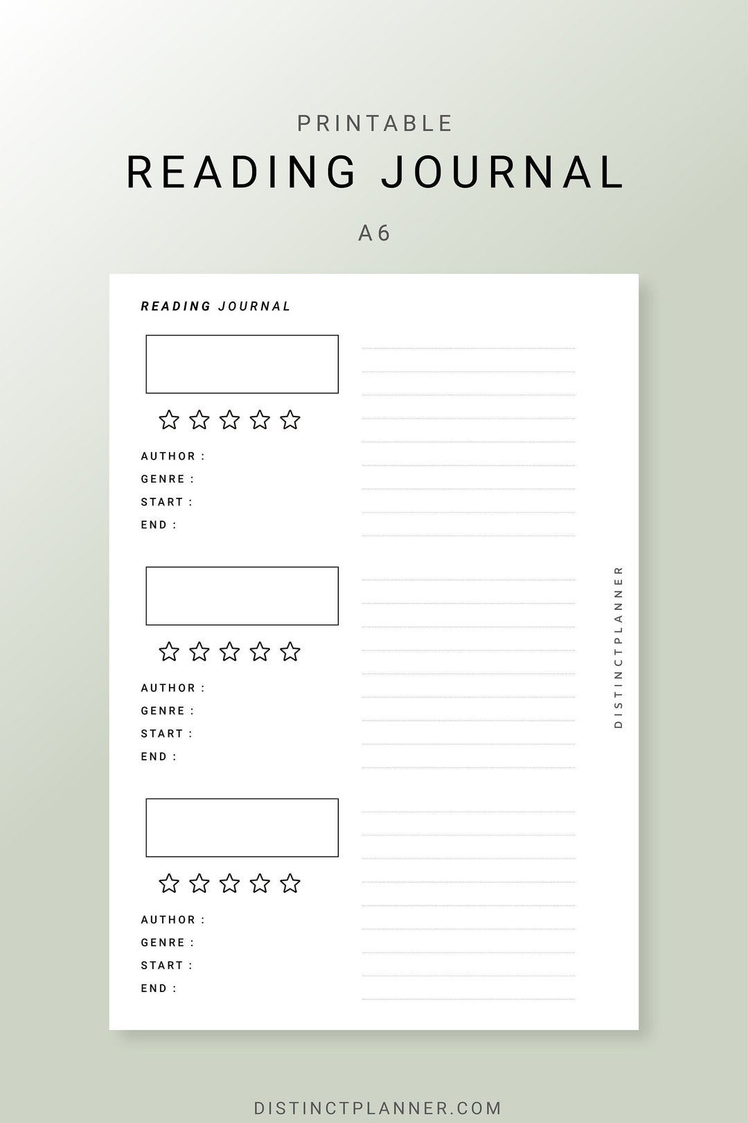 A6 Reading Journal Printable Inserts, Book Review Log Minimal Template ...