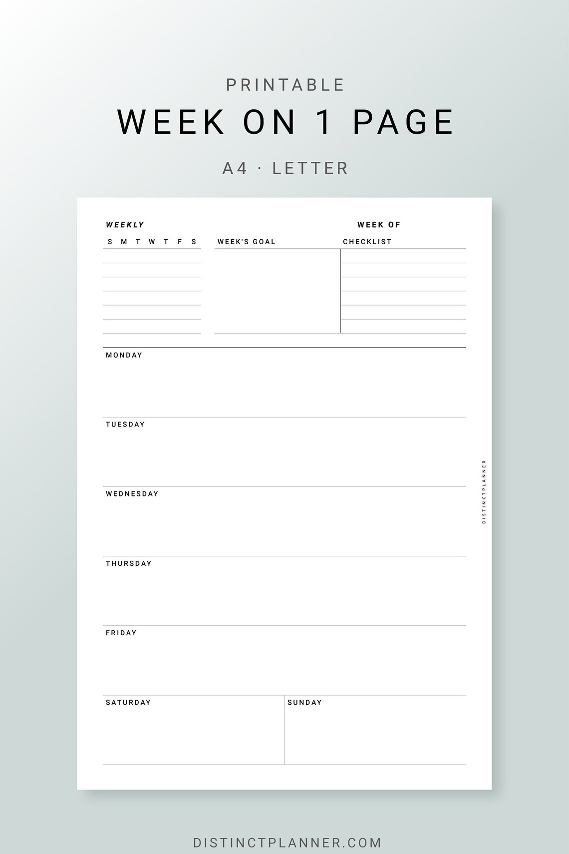 A4 Letter Inserts, Undated Weekly Planner Printable, Week on 1 Page ...