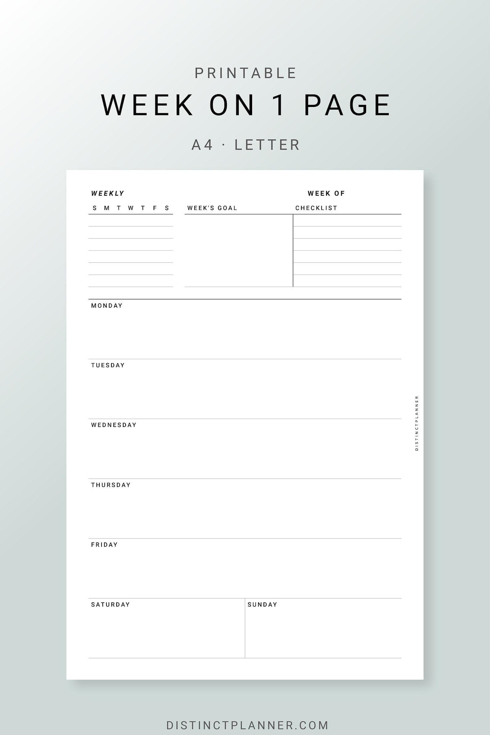 A4 Letter Inserts, Undated Weekly Planner Printable, Week on 1 Page ...