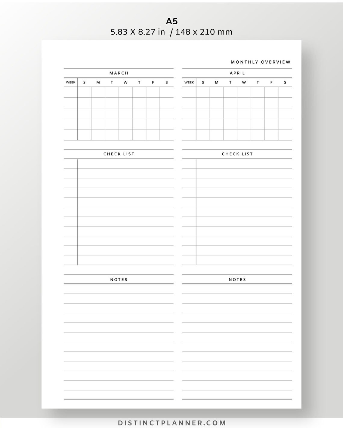 A5 Monthly Overview Printable Undated Planner Inserts Minimalist Month ...