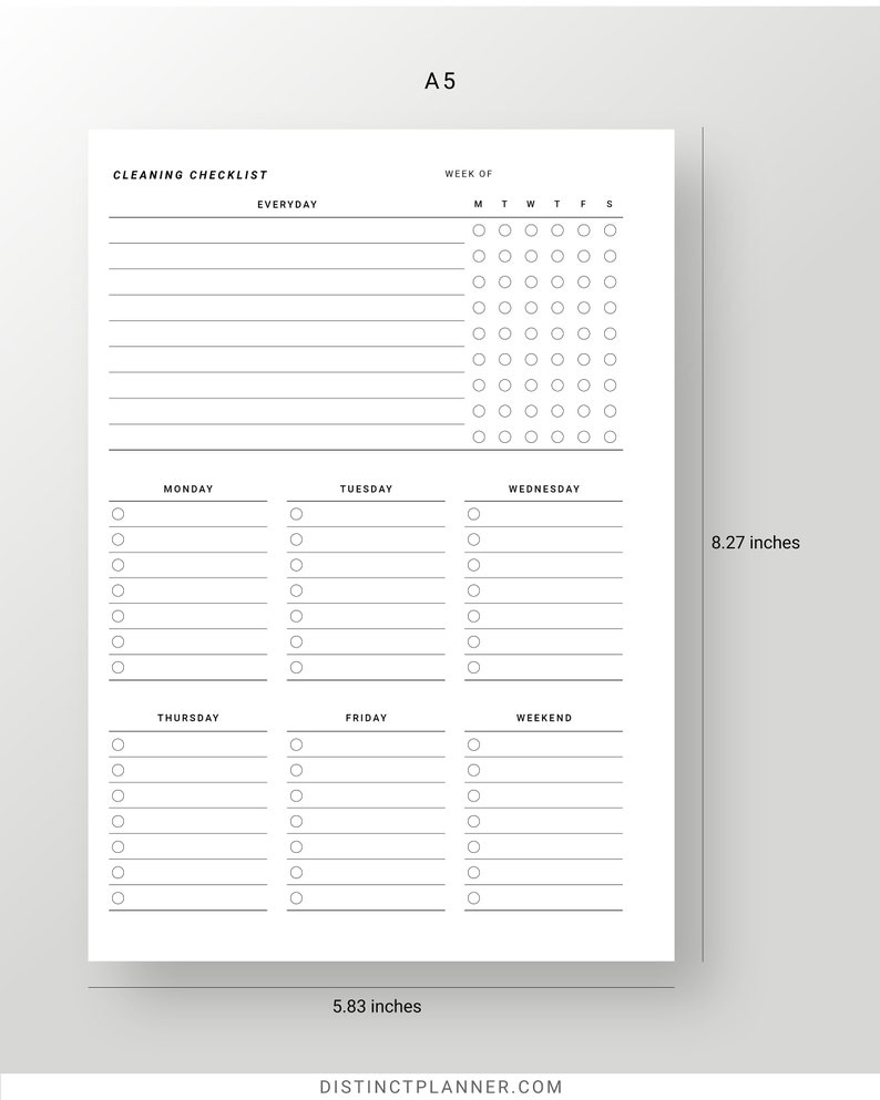 Weekly Cleaning Checklist Printable A5 Inserts, Housekeeping Checklist ...